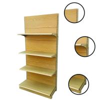 China Retail Store Wood Gondola Shelving Wood Grain Transfer Heavy Duty Shelves for sale