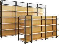 China Transfer Wood Gondola Shelving Grocery 4 Post Column Rack Shelves for sale