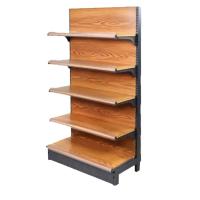China Customized Wood Grain Shelving Transfer Steel Supermarket Gondola Rack for sale