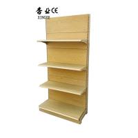 China Customized Wood Grain Shelving Transfer Steel Supermarket Gondola Rack for sale