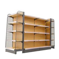 China Customized Wood Grain Shelving Transfer Steel Supermarket Gondola Rack for sale