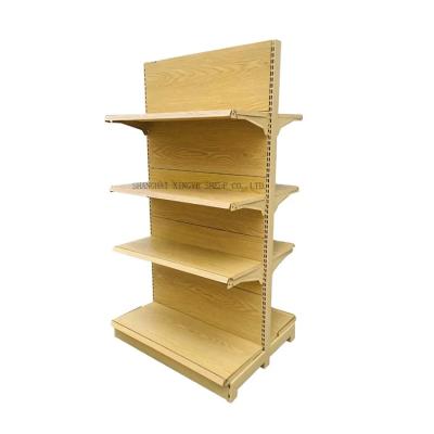 China Factory Custom Size Wood grain color supermarket shelf double-sided gondola shelf for sale