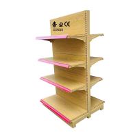 China Factory Custom Size Color Logo Unique Design Wood Grain Color Double Sided Supermarket Shelves Bookstore Shelves for sale