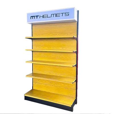 China Factory Customized Color Size Logo Wood grain color supermarket shelf display rack with light box for sale