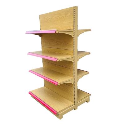 China Factory Customized Size Logo double-sided wood grain color supermarket shelves gondola shelf grocery store shelf for sale