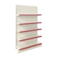 China Xingye Factory Custom Size Color Pharmacy Shelves Gondola White Plate Back Red Price Bar Shelf Grocery Store Display Racks for sale
