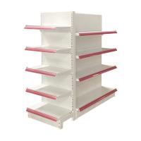 China Xingye Factory Custom Size Color Pharmacy Shelves Gondola White Plate Back Red Price Bar Shelf Grocery Store Display Racks for sale