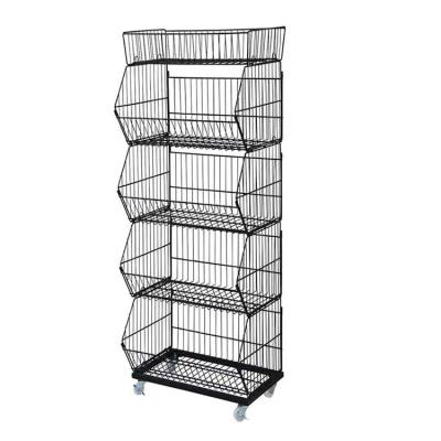 China Factory Customized Size Thickness Color Black 4 Tiers Stackable Wire Baskets Storage Vegetable Fruit Grid Stackable Basket for S for sale