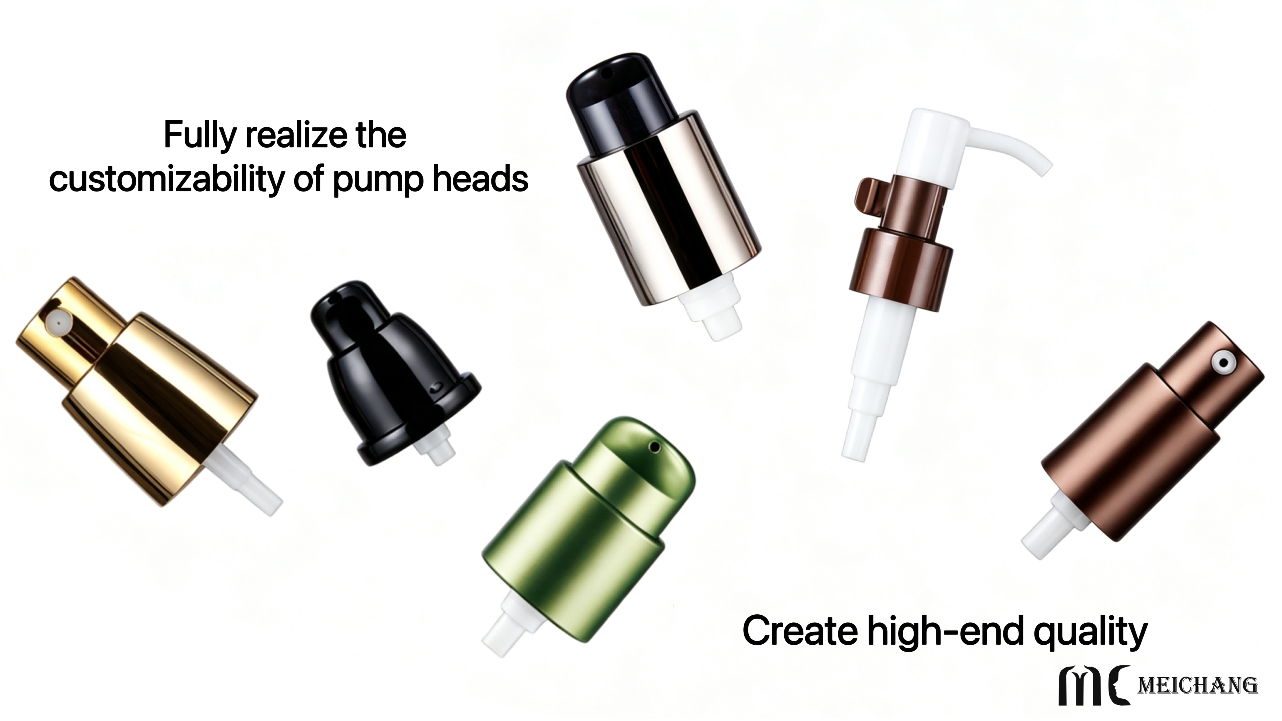 Customized cosmetic pump heads with multiple structures, finishes, and color options