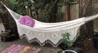 China Cotton Woven Balcony 2 Person Nylon Hammock Weave Patio Chair With Crochet Fringe for sale