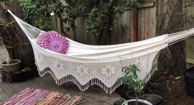 China Cotton Woven Balcony 2 Person Nylon Hammock Weave Patio Chair With Crochet Fringe for sale