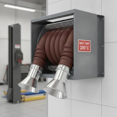 China 76mm Dual Nozzle Spring Hose Reel with 200°C Temperature Resistance for Vehicle Exhaust Extraction System for sale