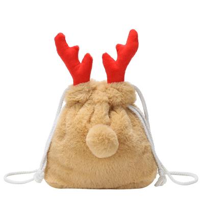 China Luxury Christmas Drawstring Bag Fluffy Reindeer Antler Handbag 21x18x7 cm Microfiber for sale