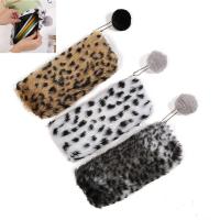 China Plush Leopard Print Pencil Case 21x8x3.5cm Cute School Stationery Storage Bag for Girls for sale