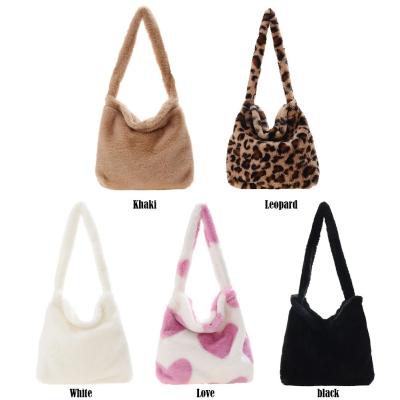 China Wholesale Leopard Print Plush Shoulder Bag for Women Large Capacity 300x250mm Travel Tote for sale