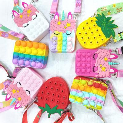 China Fidget Push Bubble Toy Rainbow Unicorn Coin Purse Crossbody Bag Silicone 20cm for sale