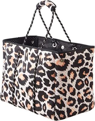 China Large Leopard Print Neoprene Tote Cross Body Bag 14x12.5x10inch Reusable for sale