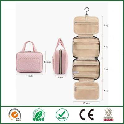 China Travel Toiletry Makeup Bag Cosmetic Storage Box 11x9.4x3 Inch Pleated Cotton Peach Skin Velvet Pink for sale