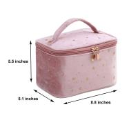 China Velvet Makeup Bag with Handle and Brush Holder Travel Cosmetic Case 20x13x14cm Pink for sale