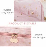 China Velvet Makeup Bag with Handle and Brush Holder Travel Cosmetic Case 20x13x14cm Pink for sale