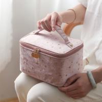 China Velvet Makeup Bag with Handle and Brush Holder Travel Cosmetic Case 20x13x14cm Pink for sale