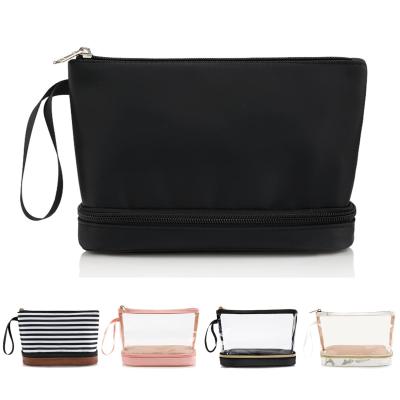 China Black Waterproof Cosmetic Pouch Ladies Makeup Bag with Brush Organizer 8.7x3.5x6.3 Inch for sale