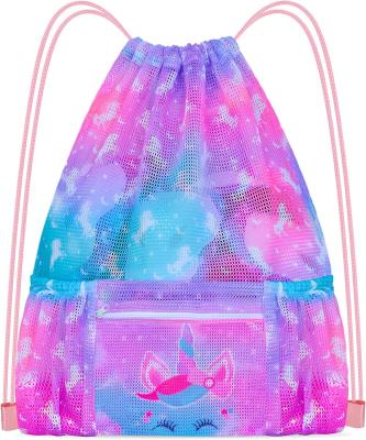China Custom Mesh Drawstring Backpack with Zipper Pocket Waterproof Beach Gym Bag 12x16 Inch for sale