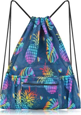 China Mesh Drawstring Bag with Zipper Pocket 38x50cm Lightweight Gym Storage Beach Bag for Adults Kids for sale