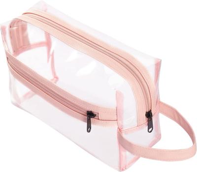 China Pink Clear PVC Toiletry Bag 10x8x6 Inch Waterproof Travel Cosmetic Organizer for Women for sale