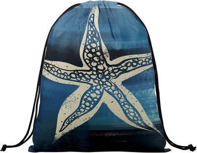 China Summer Starfish Drawstring Grip Bag Dark Blue Ocean Animals String Bag Lightweight Durable 9.25x12 inch for sale