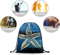 China Summer Starfish Drawstring Grip Bag Dark Blue Ocean Animals String Bag Lightweight Durable 9.25x12 inch for sale