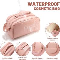 China Large Travel PU Leather Makeup Bag 9.8x6x6 Inch Waterproof Toiletry Organizer for Women for sale