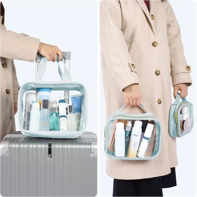 China 3 Pack Clear Makeup Bags With Handle Large Opening Waterproof Clear Cosmetic Bags for sale