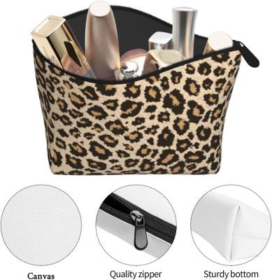 China Leopard Print Canvas Makeup Bag 7.8x2.3x5.9 inch Large Capacity Toiletry Pouch for sale