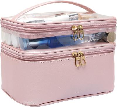 China Double Layer Waterproof PU PVC Large Makeup Organizer Bag Toiletry Bag 9.37x6.85x6.38 Inch for sale