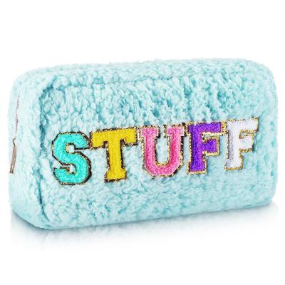 China Travel Chenille Letters Plush Preppy Makeup Bag Small Shockproof With Zipper for sale