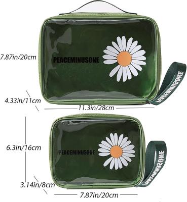 China Daisy Transparent PVC Waterproof Travel Makeup Bag 11x4.3x7.9in Green for Women Men for sale