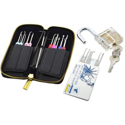 China Stainless Steel 22pcs Lock Pick Set + Credit Card Shape Lock Pick Kit + Transparent Practice Padlock for sale