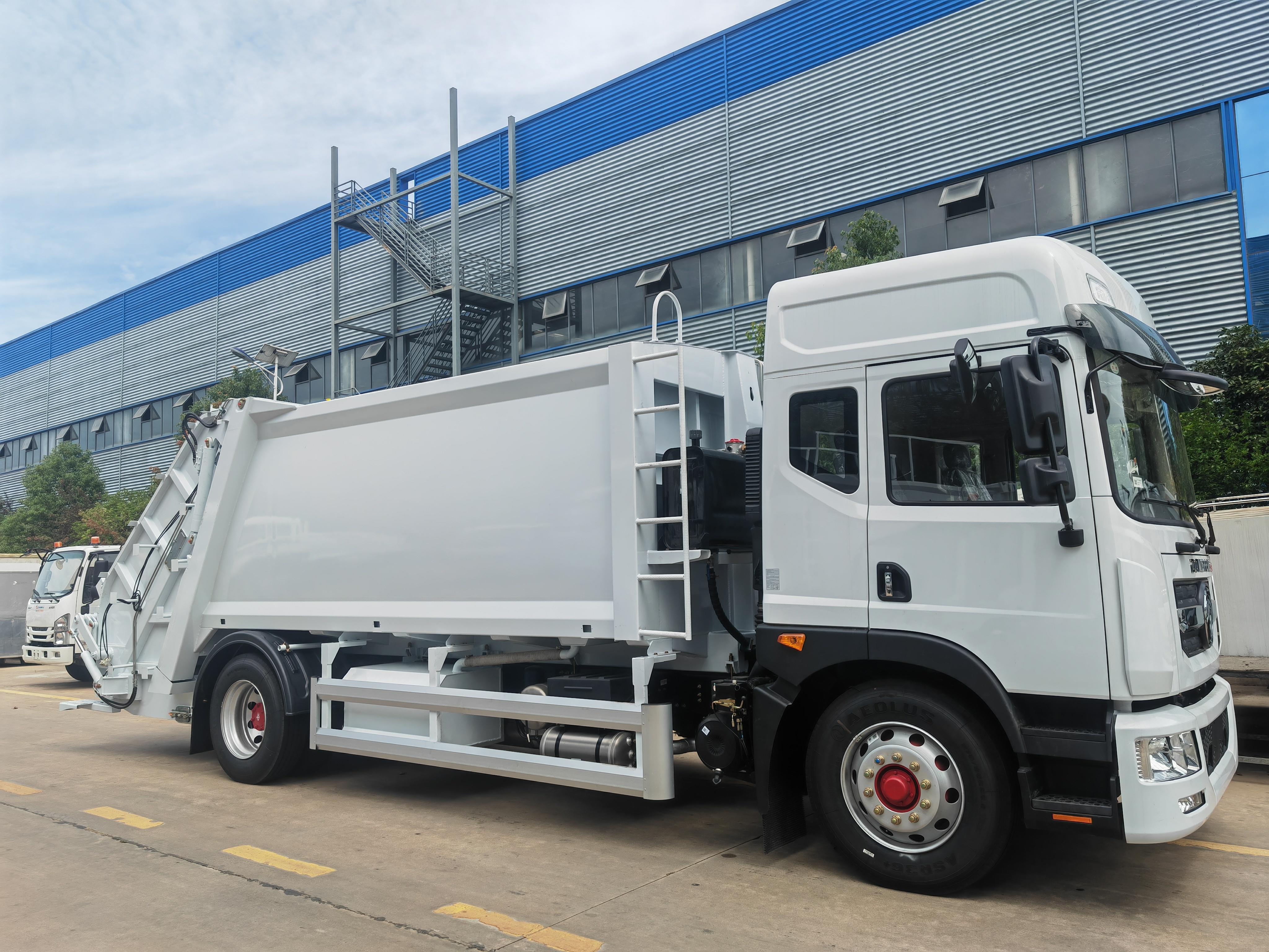Chengli Dongfeng compactor garbage truck with Cummins engine, side view of white municipal waste management truck