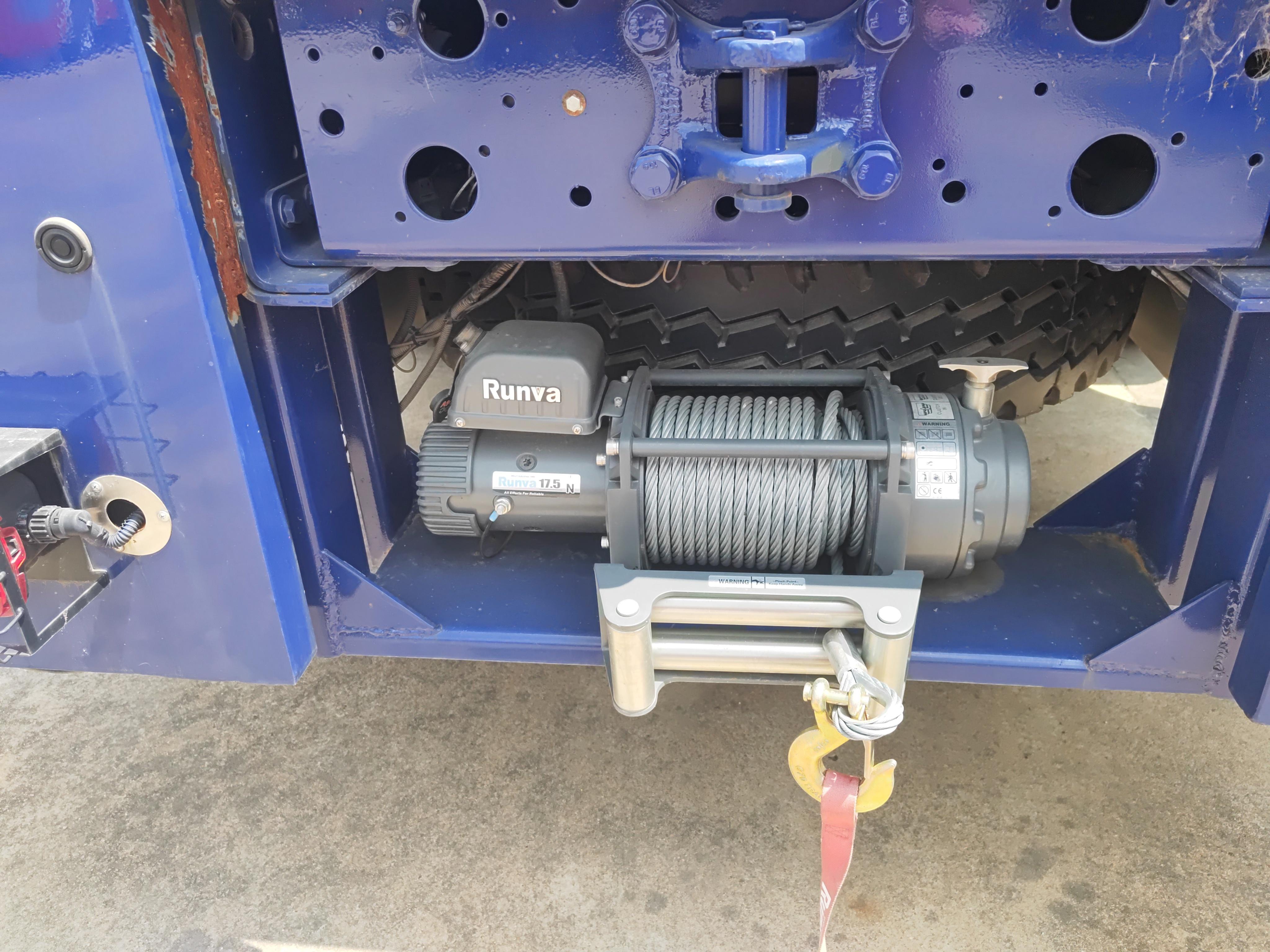 Runva 17.5 N tactical recovery winch with steel cable on SINOTRUK HOWO anti riot water cannon truck rear bumper