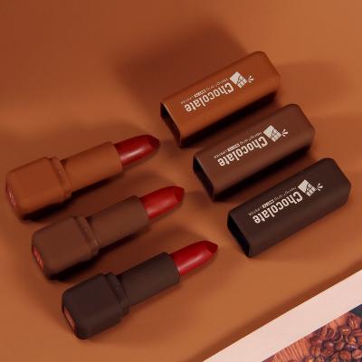 China Chic Chocolate Candy Package Charm 3 Color Vegan Private Label Korean Matte Lipstick for sale