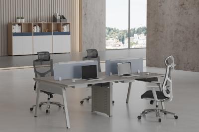 China Functional 4 Person Office Workstation with Wood Grain Desktop and Metal Legs for Coworking Spaces for sale