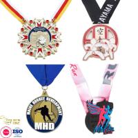 China Circle Custom Made Medallions , Tiara Flower Ribbon Karate Personalized Race Medals for sale