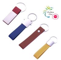 China Custom Embossed Logo PU Leather Keychain Metal Strap Blank Solid Color Keyring for sale