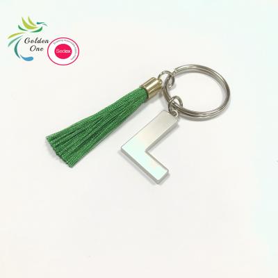 China Handbag Charms Tassel Keyring English Letter Shiny Silver Plated Metal Key Chain for sale