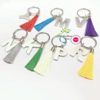 China Handbag Charms Tassel Keyring English Letter Shiny Silver Plated Metal Key Chain for sale