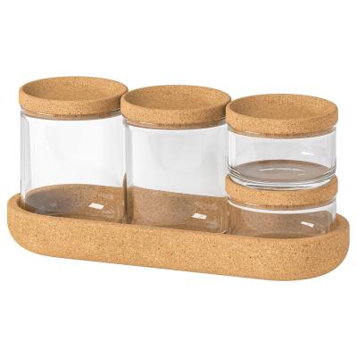 China Eco-Friendly Set of 5 Borosilicate Glass Jars with Cork Lids and Tray 8cm for sale