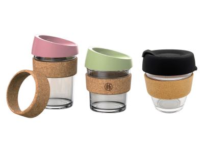 China 350ml Borosilicate Glass Coffee Cup with Cork Sleeve Reusable Custom Logo for sale