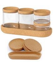 China Eco Friendly Cork Lids and Tray Set for 4 Storage Jars 8 cm Diameter for sale