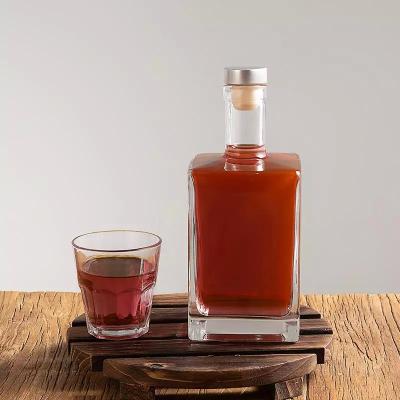 China Base Material Glass Custom 500ml 750ml Square Wine Whisky Glass Bottle with Cork Cap for sale